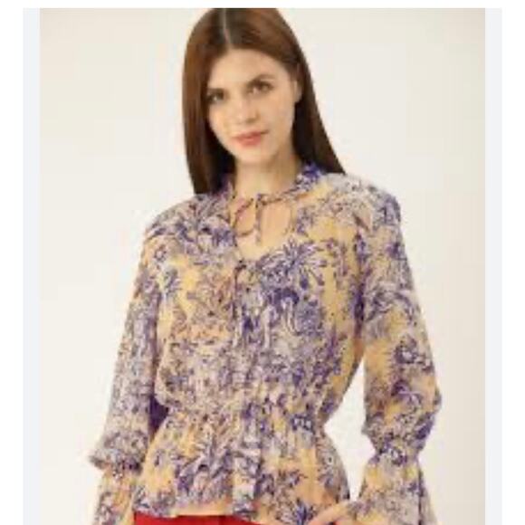Mango | Tops | Mango Printed Cinched Waist Top With Purple ...